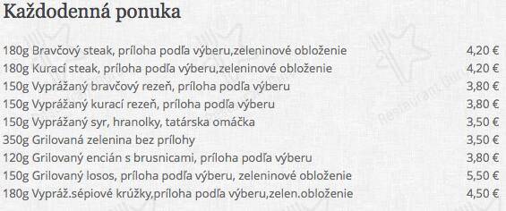 Menu at Bevanda restaurant, Bratislava, River Park