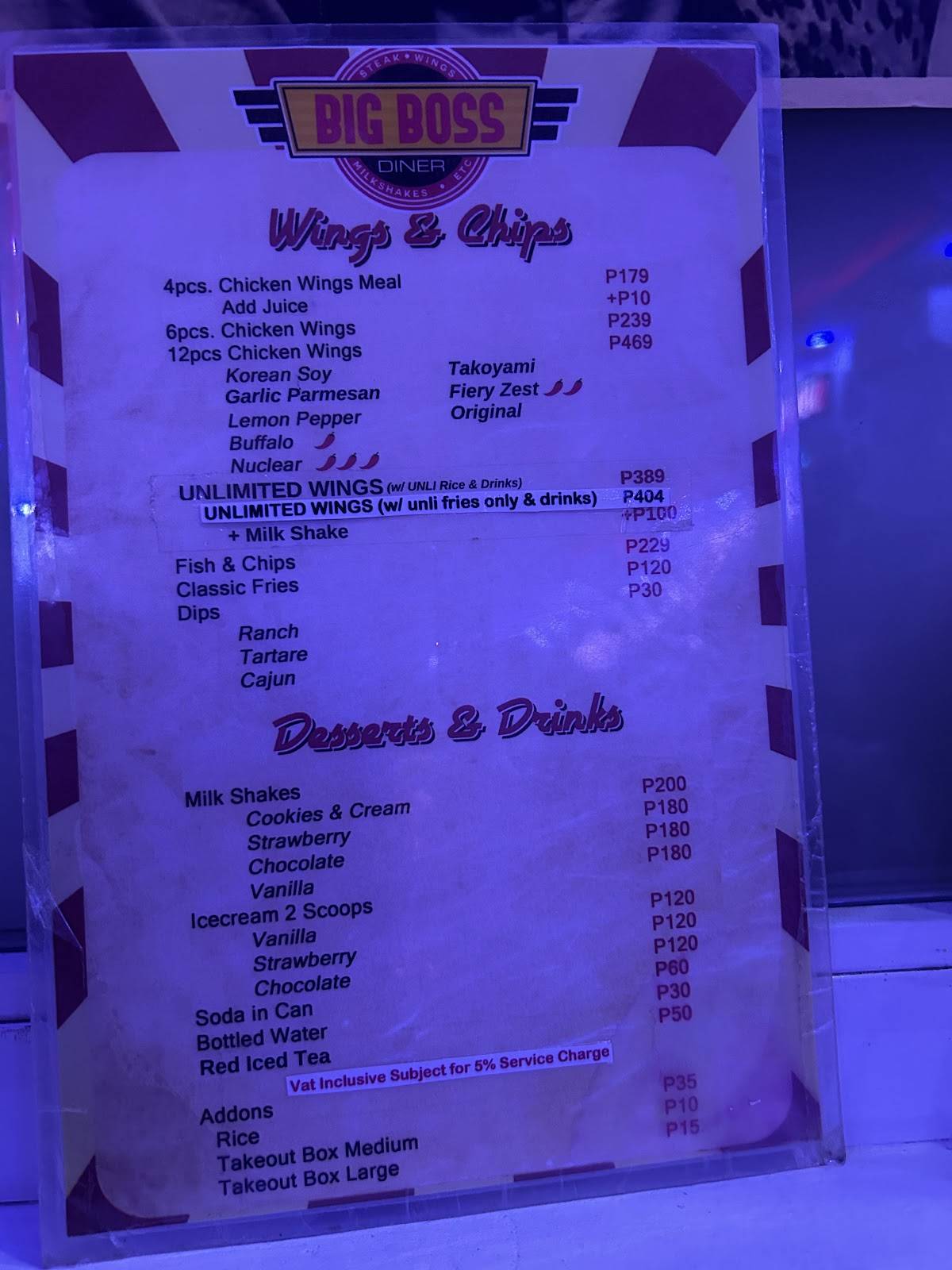 Menu at Big Boss' Diner restaurant, Manila