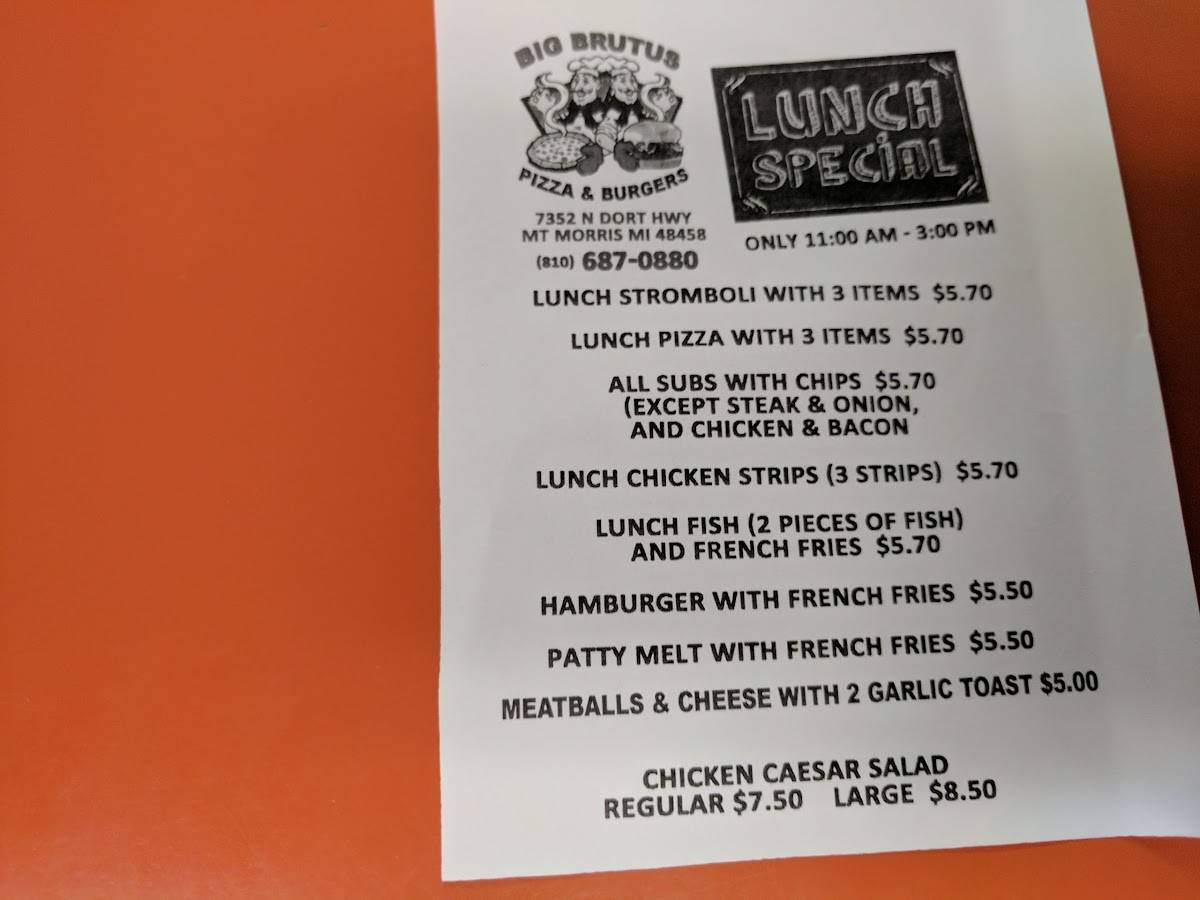 Menu at Big Brutus Pizza pizzeria, Mount Morris