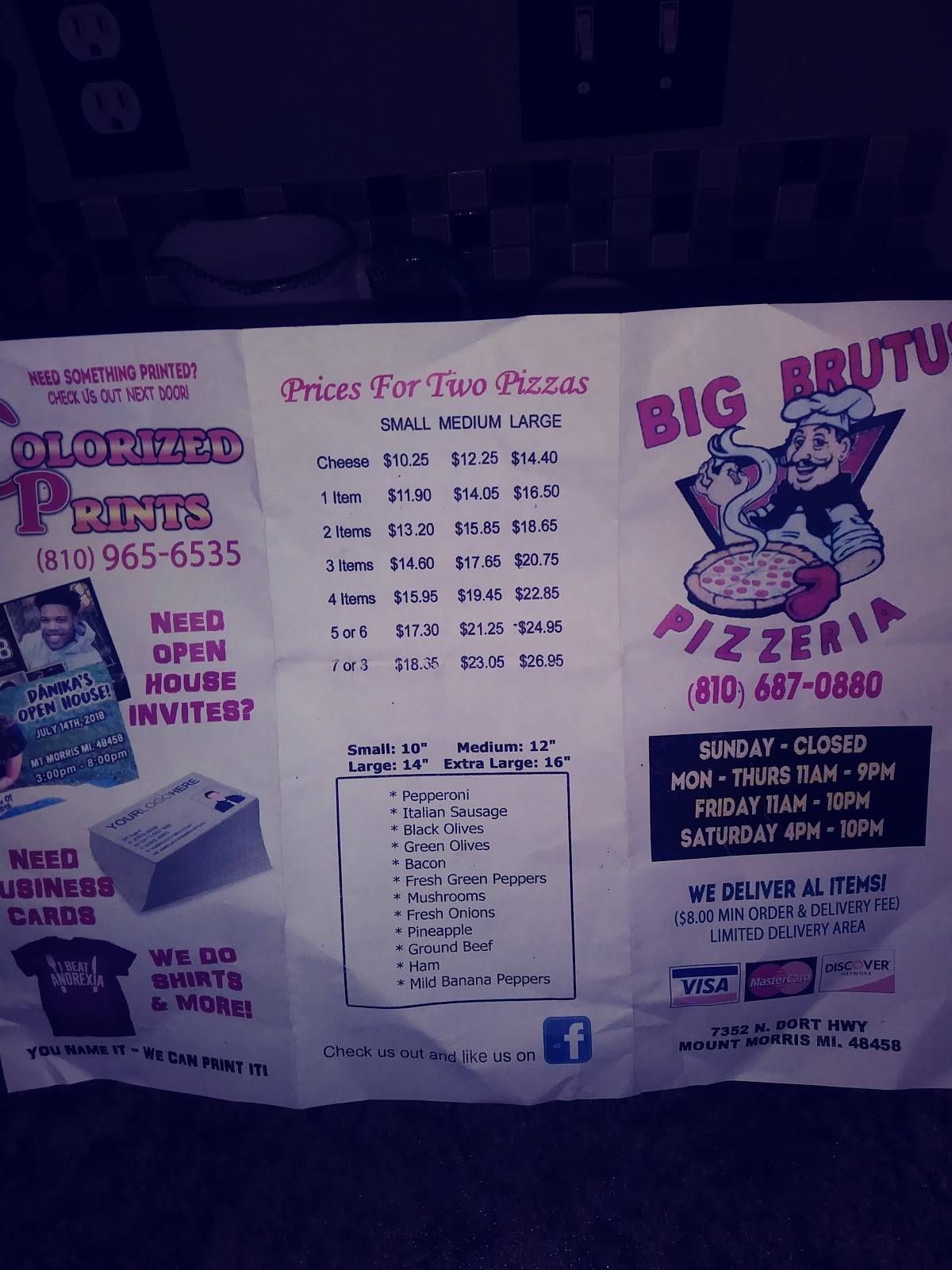 Menu At Big Brutus Pizza Pizzeria Mount Morris