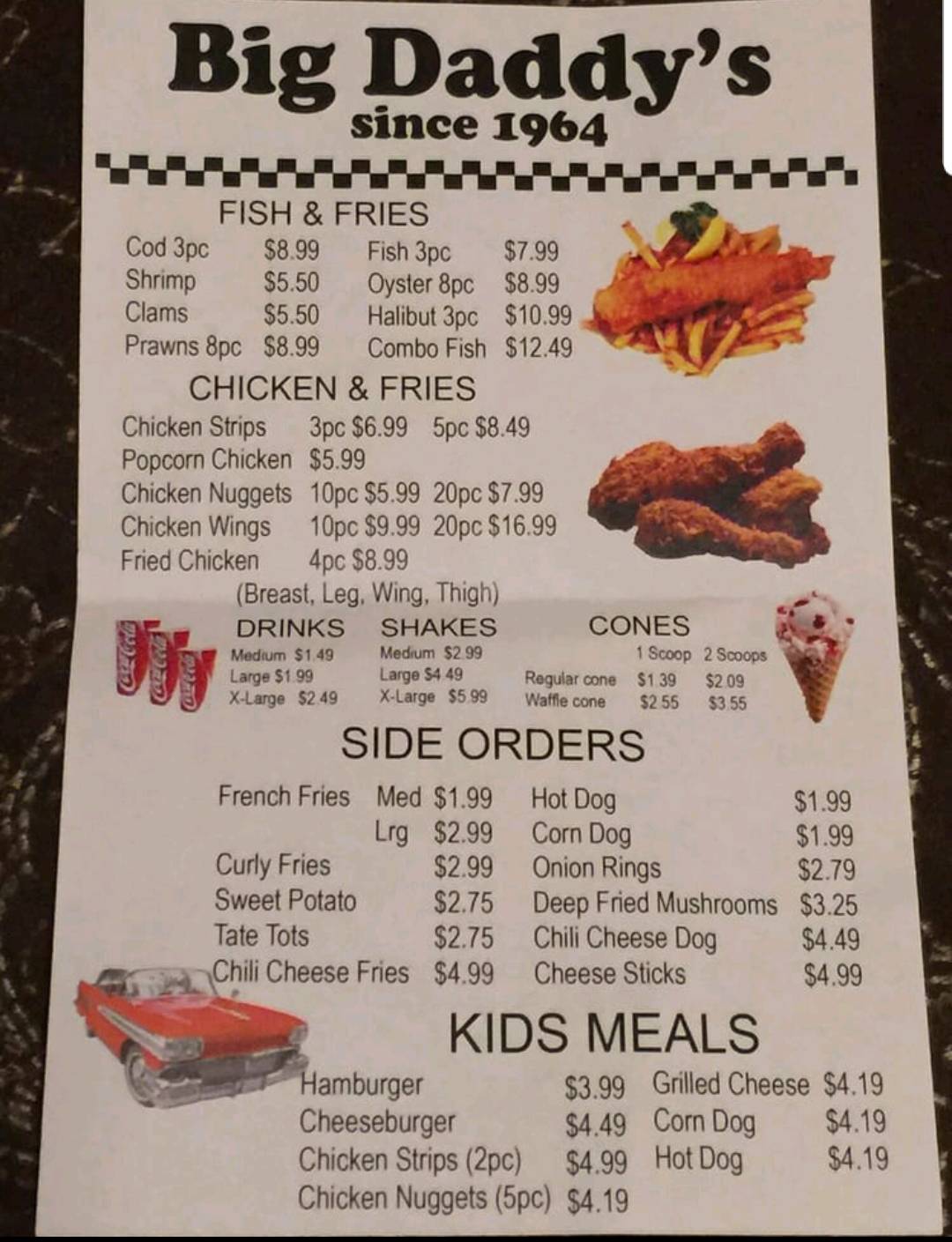 Menu at Big Daddy's restaurant, Graham