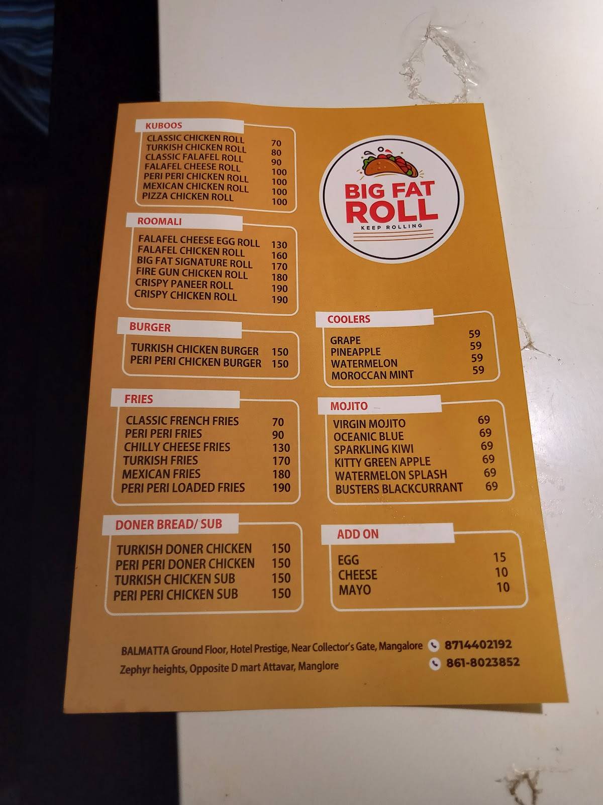 Menu at Big Fat Roll, Mangaluru, Zephyr heights