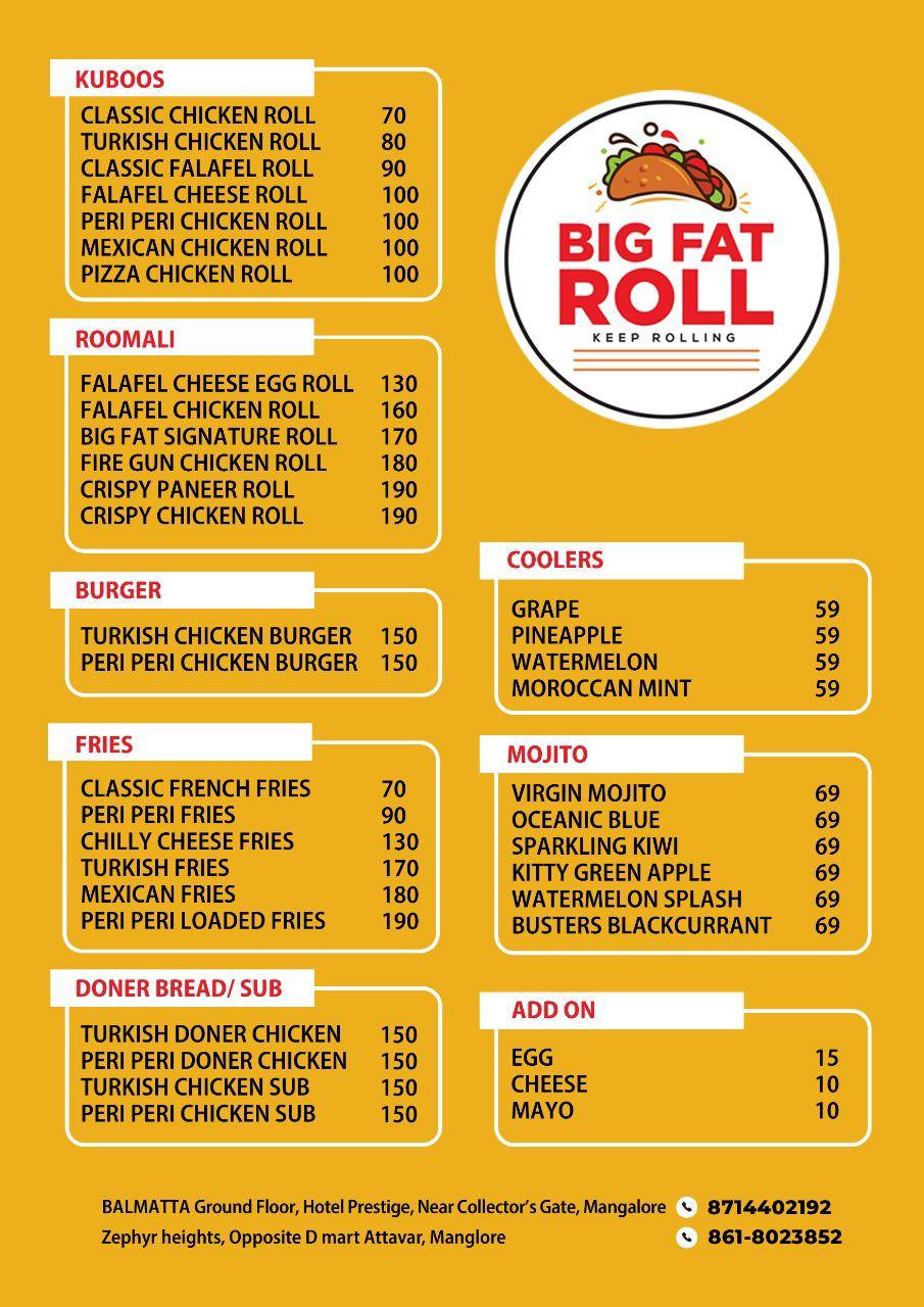 Menu at Big Fat Roll, Mangaluru, Zephyr heights