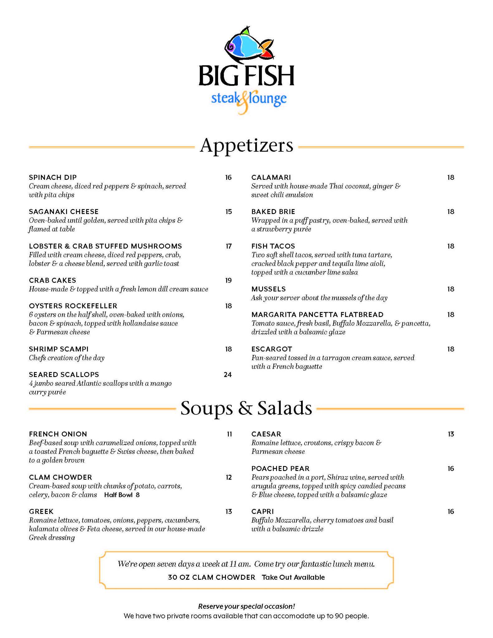 Menu at Big Fish Steak & Lounge steakhouse, Sarnia