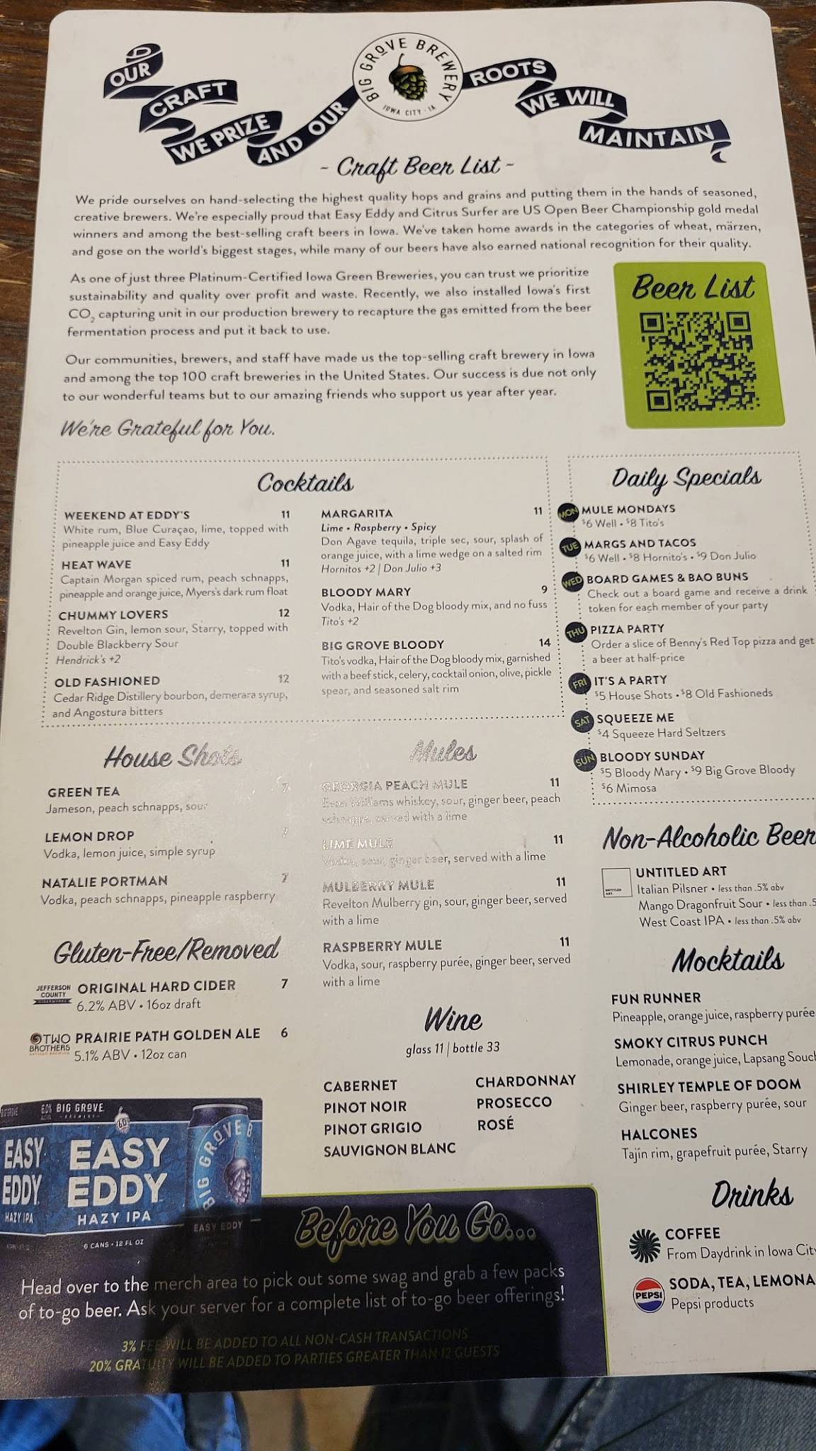 Menu at Big Grove Brewery & Taproom restaurant, Iowa City