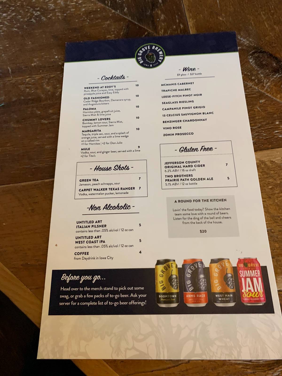 Menu at Big Grove Brewery & Taproom restaurant, Iowa City