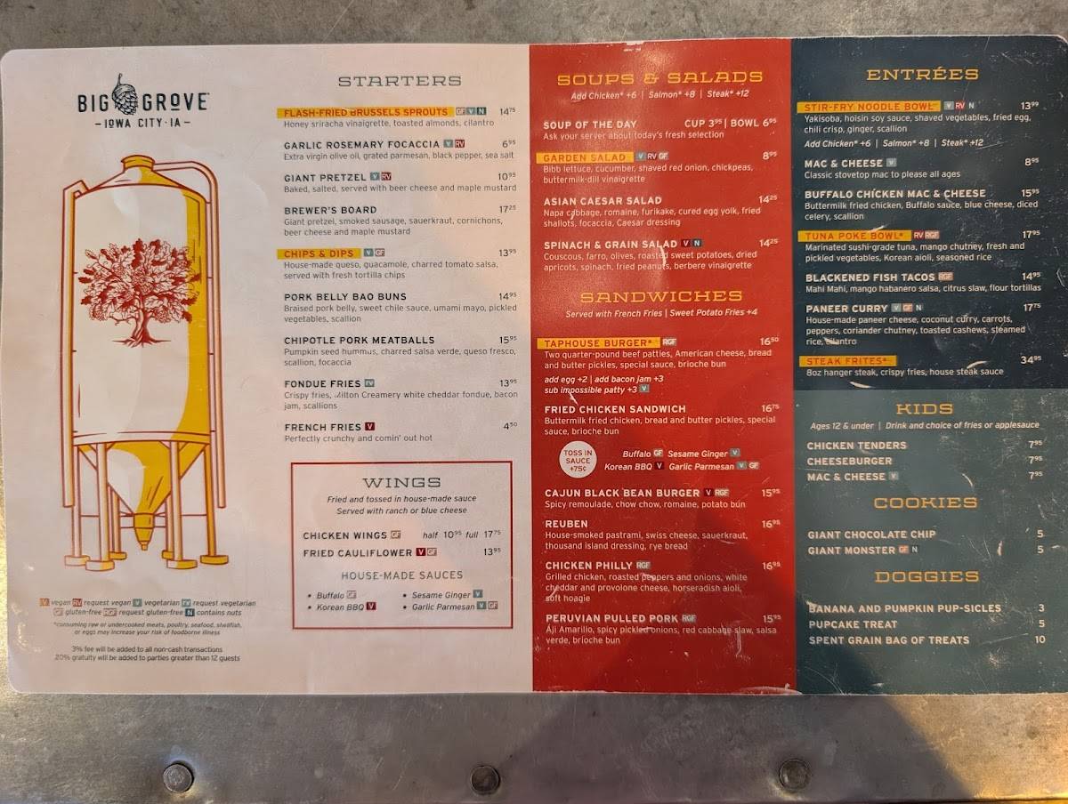 Menu at Big Grove Brewery & Taproom restaurant, Iowa City