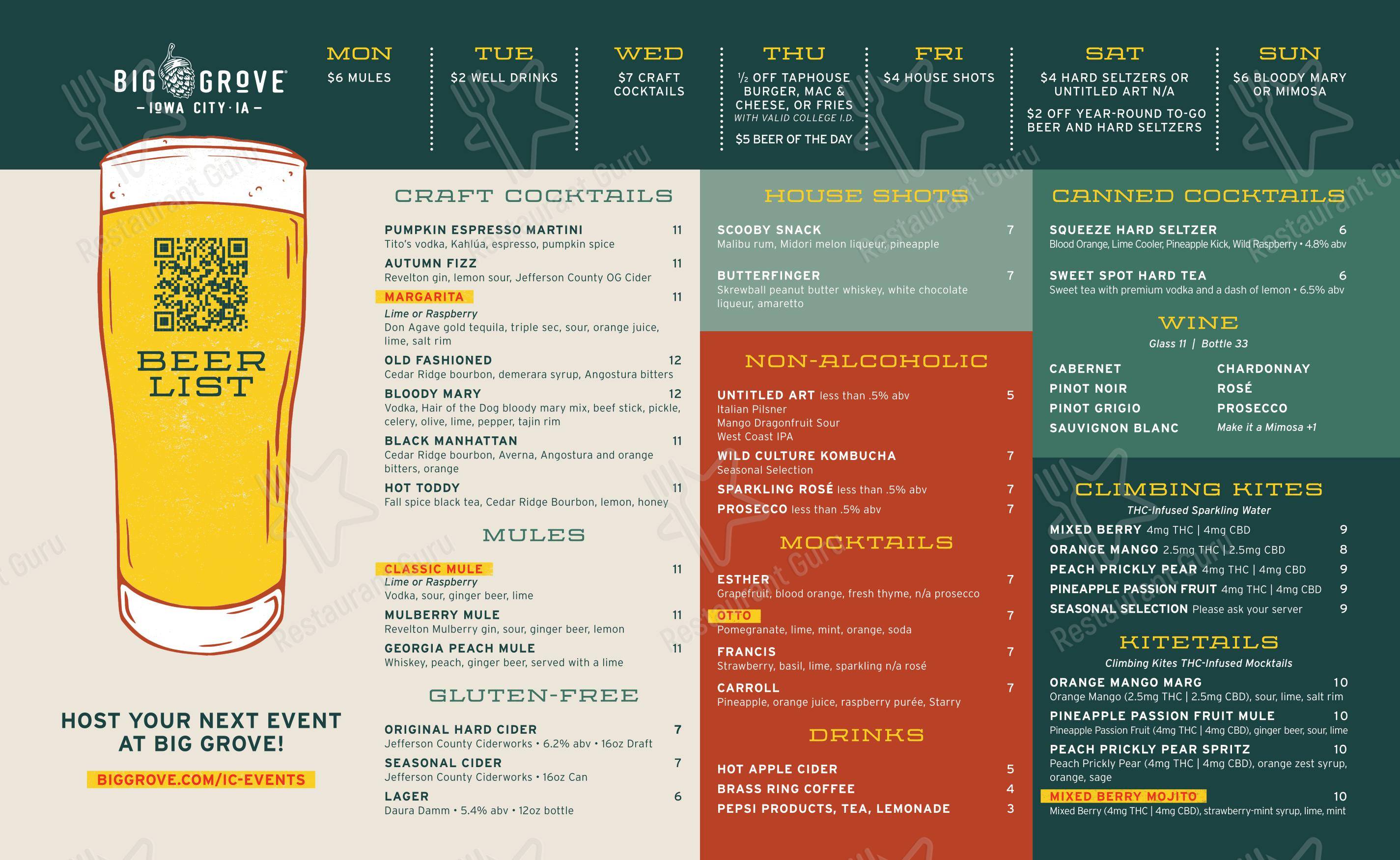 Menu at Big Grove Brewery & Taproom restaurant, Iowa City