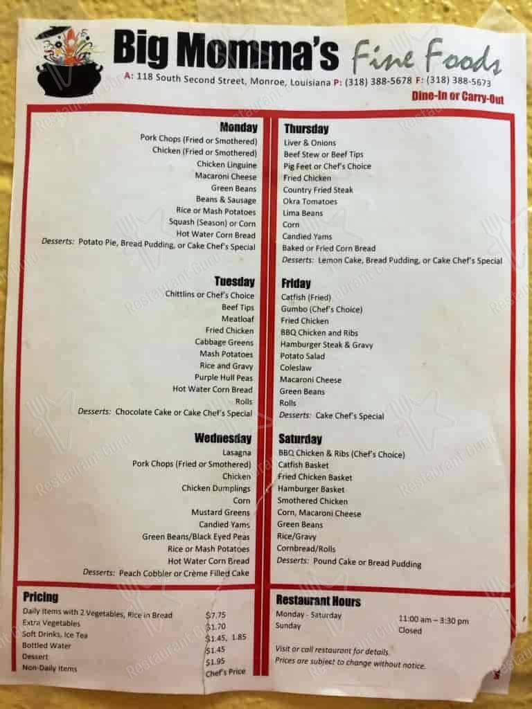 Menu at Big Momma's Fine Foods restaurant, Monroe