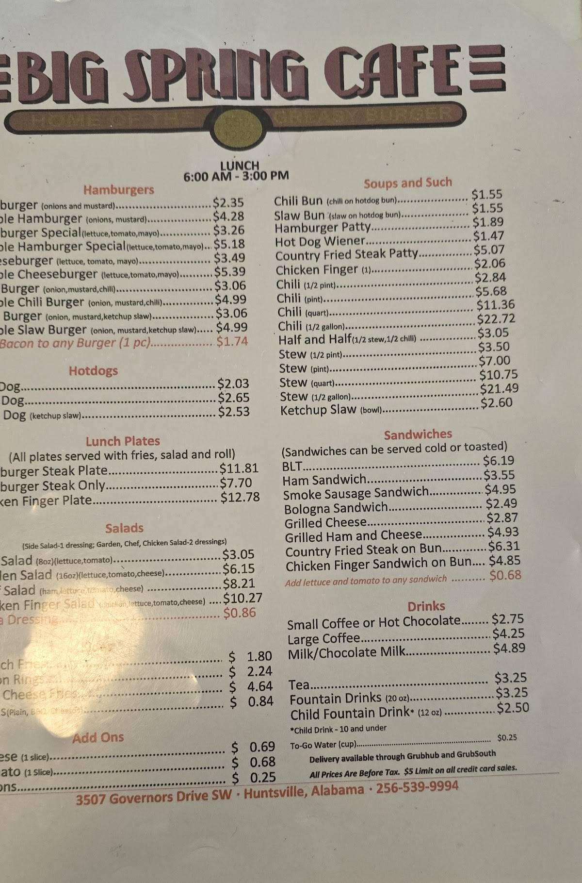 Menu at Big Spring Cafe, Huntsville, Governors Dr SW