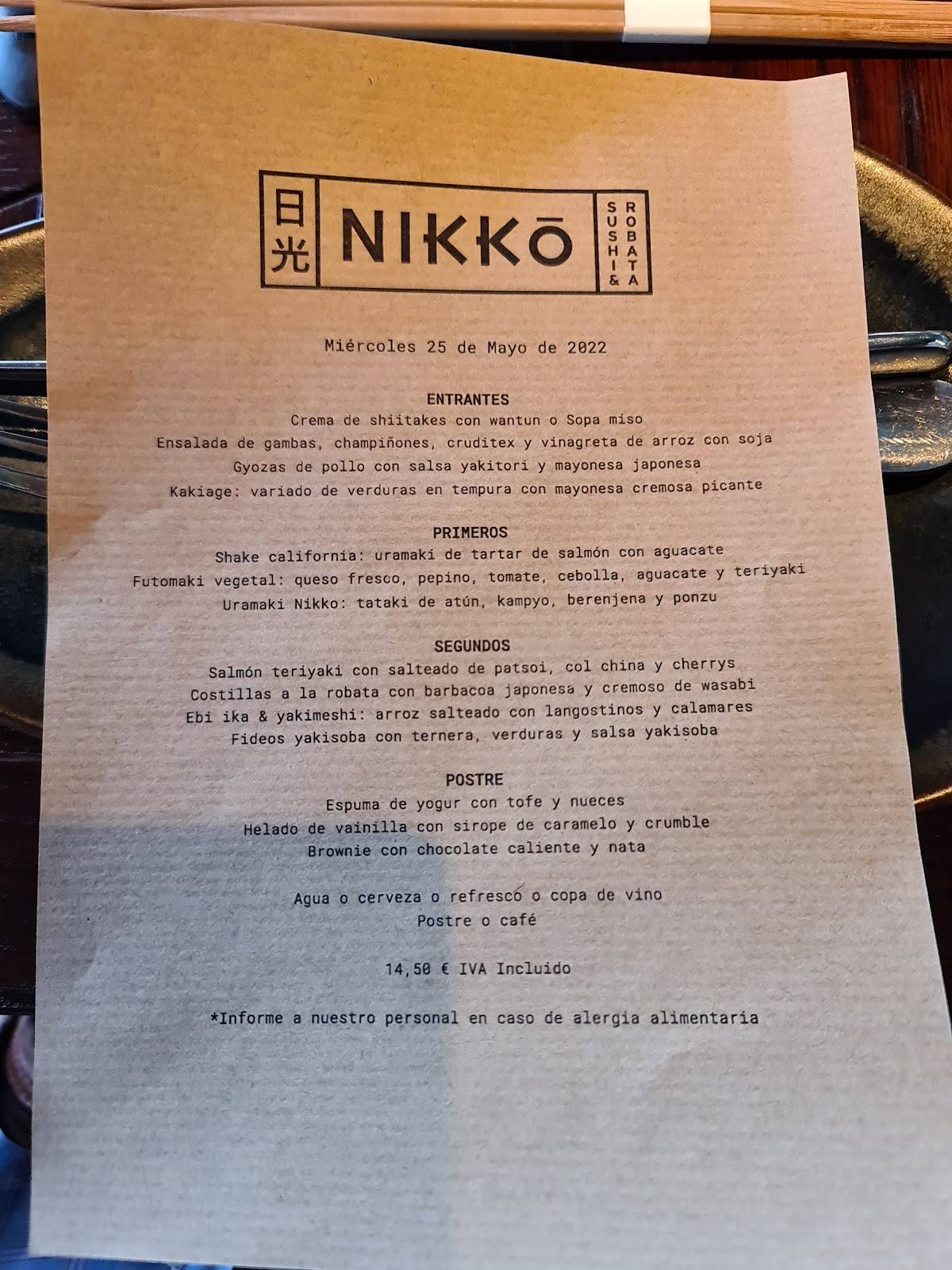 Carta del restaurante Nikko, Bilbao