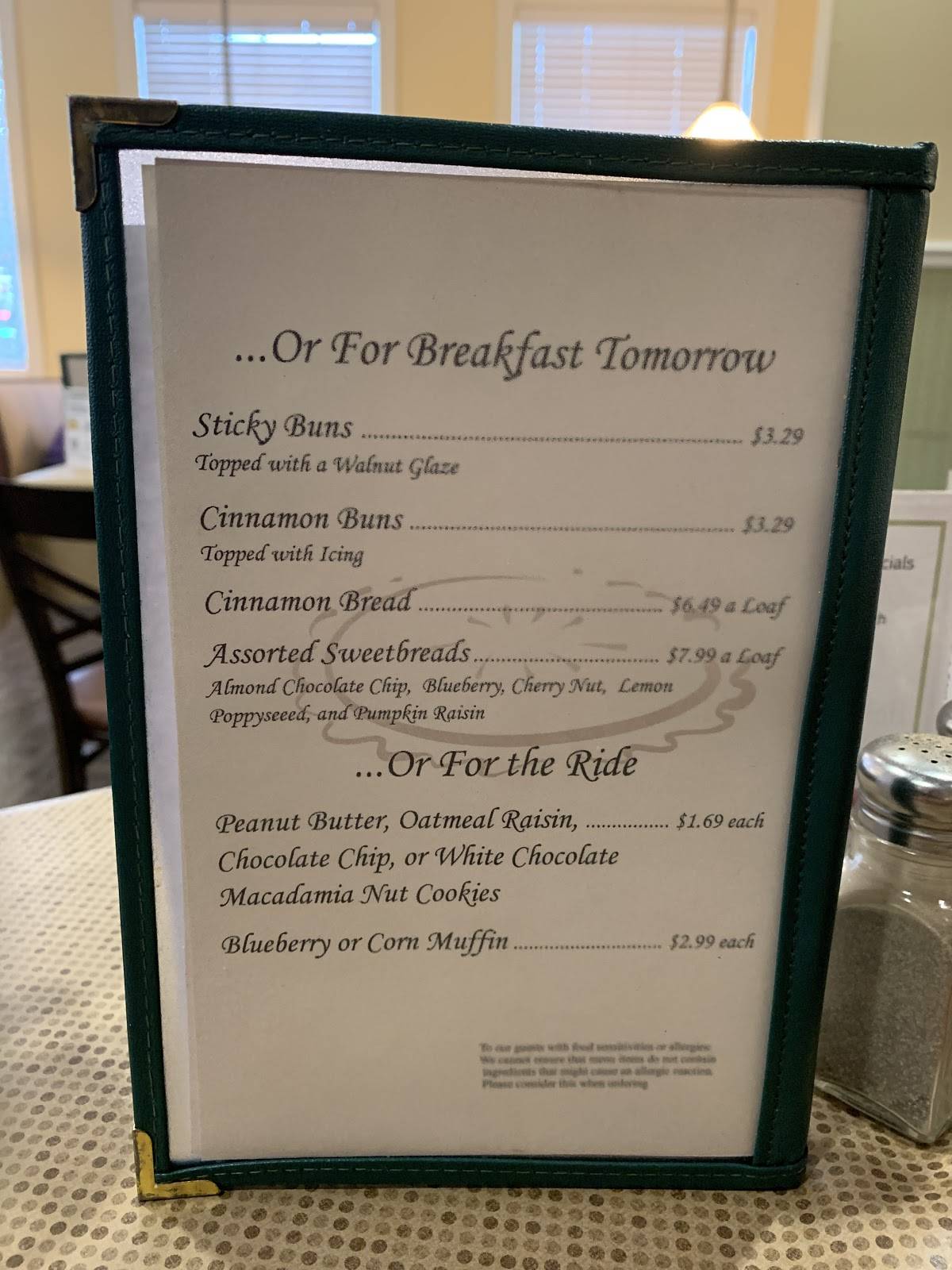Menu at Bingham's restaurant, USA