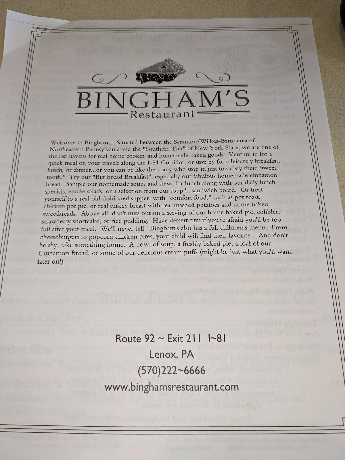 Menu at Bingham's restaurant, USA