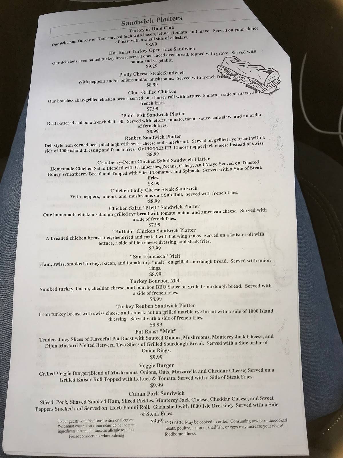Menu at Bingham's restaurant, USA