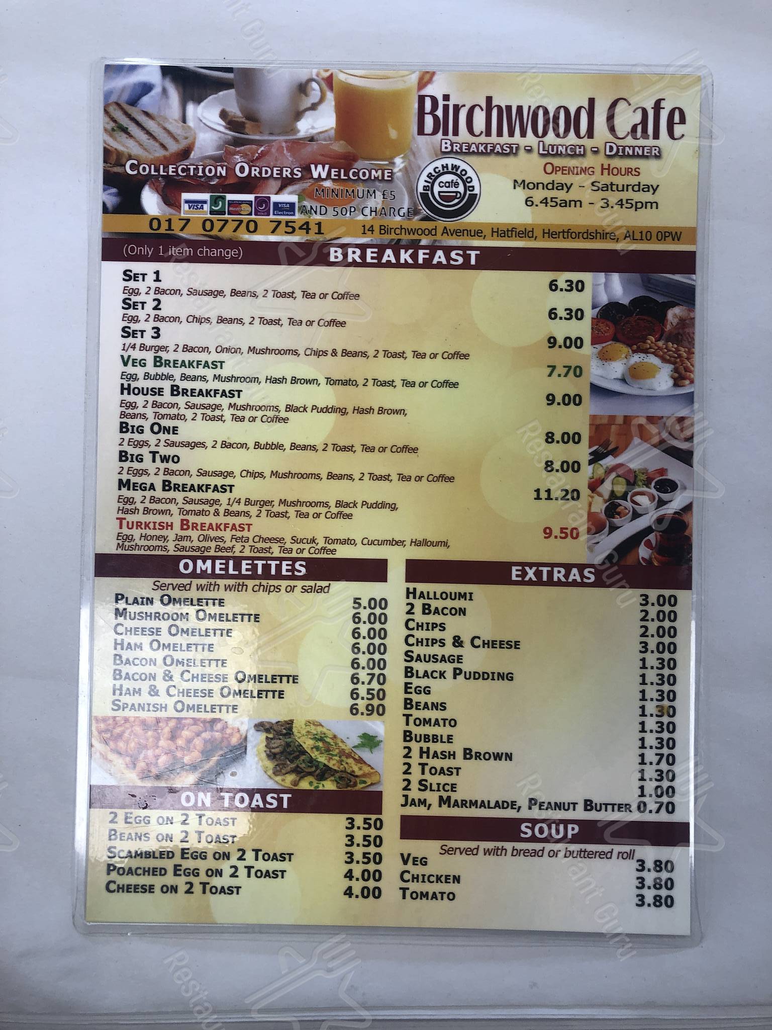 Menu at Birchwood Cafe, Hatfield