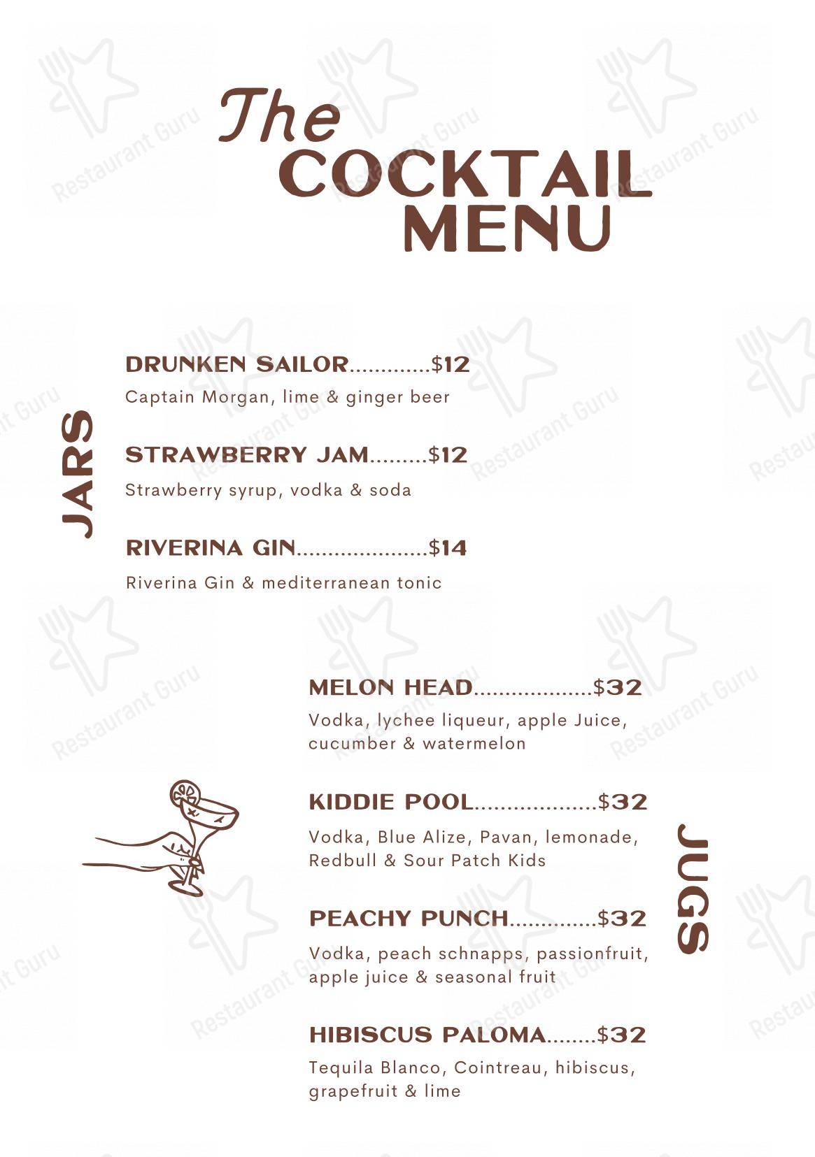 Menu at Birdy Bar, Wagga Wagga