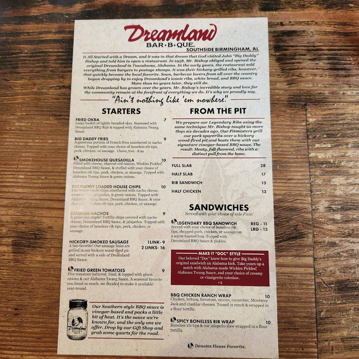 Menu at Dreamland BBQ, Birmingham, 14th Ave S