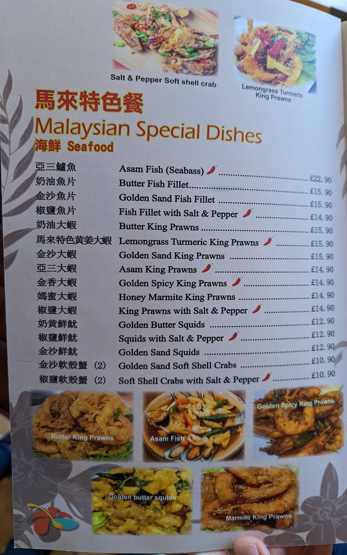 Menu at Malaysian Delight restaurant, Birmingham