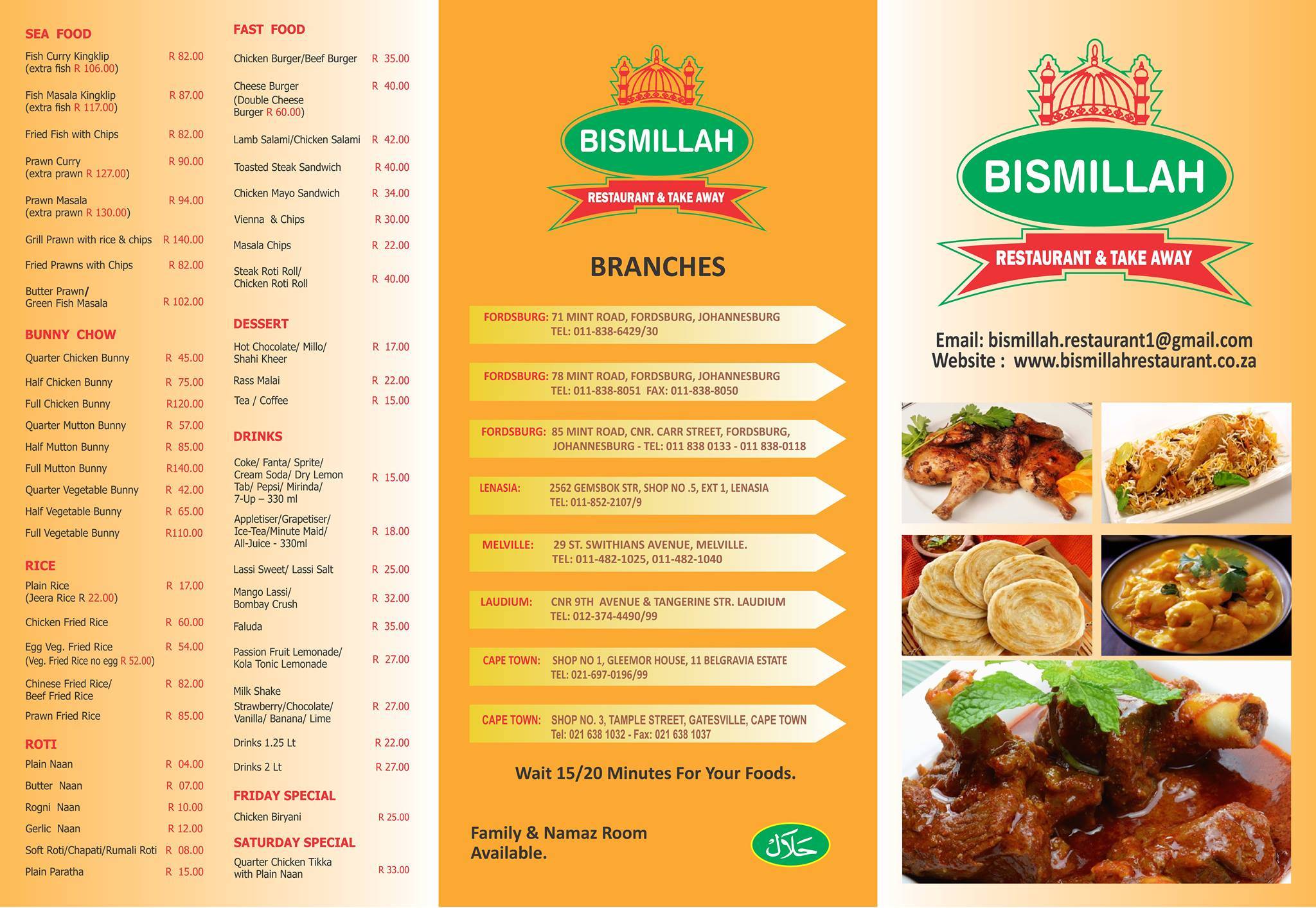 Menu at Bismillah Restaurant-B1, Johannesburg, Fordsburg Towers