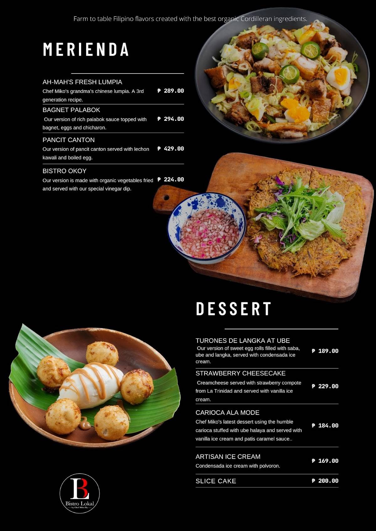 Menu at Bistro Lokal restaurant, Baguio