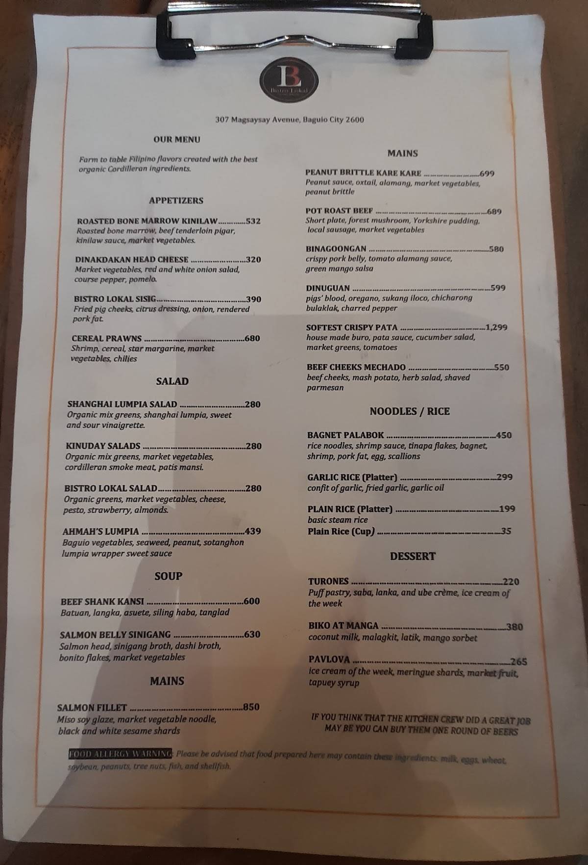 Menu at Bistro Lokal restaurant, Baguio