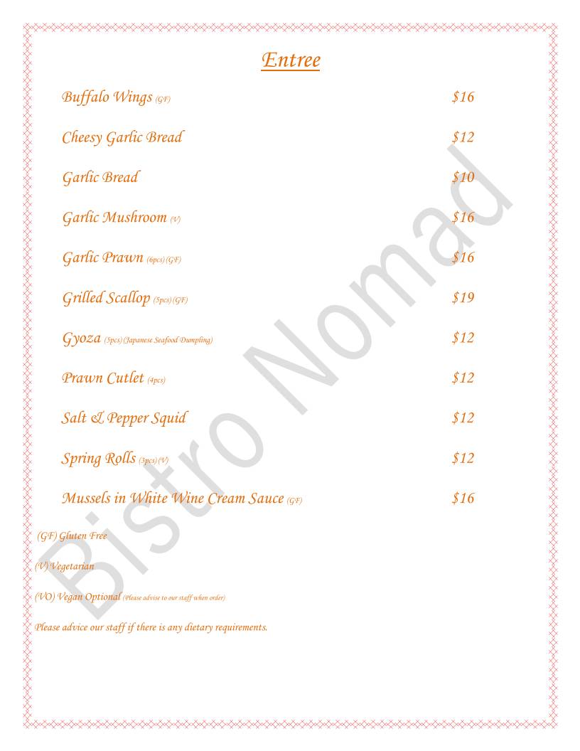 Menu at Bistro Nomad restaurant, Heatherbrae