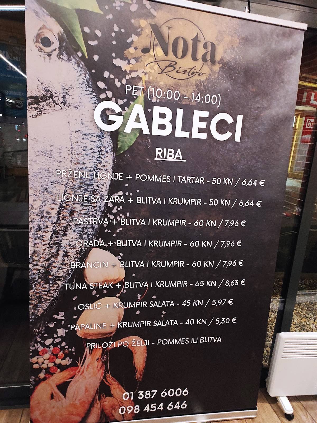 Menu at Bistro Nota, Dugo Selo