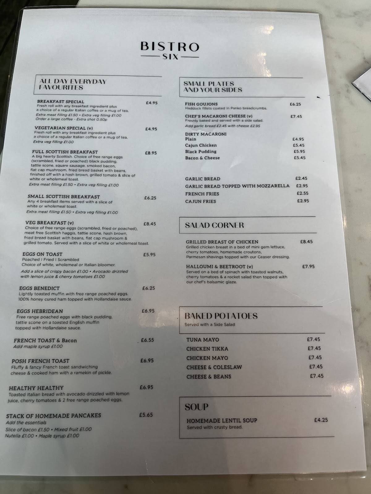Menu at Bistro Six restaurant, Glasgow