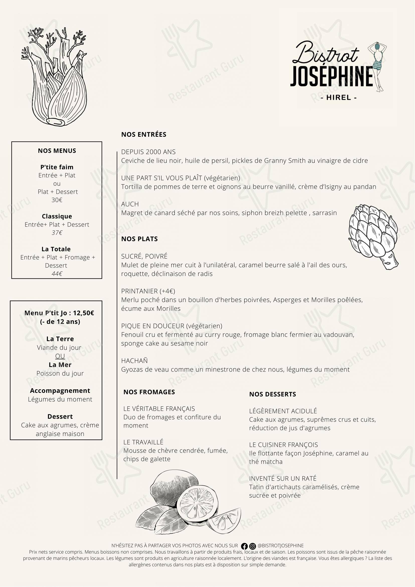 Menu au Bistrot Josephine restaurant, Hirel