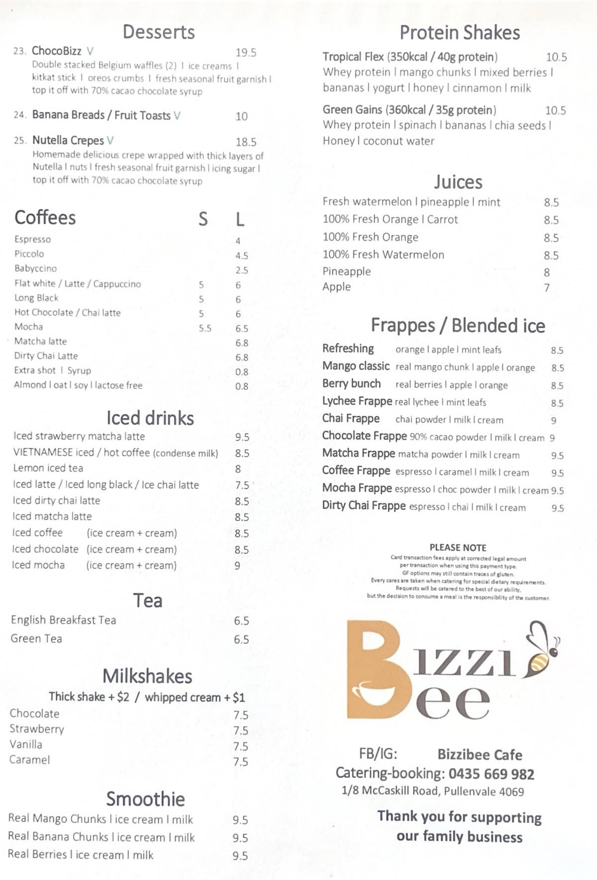 Menu at BizziBee Cafe, Pullenvale