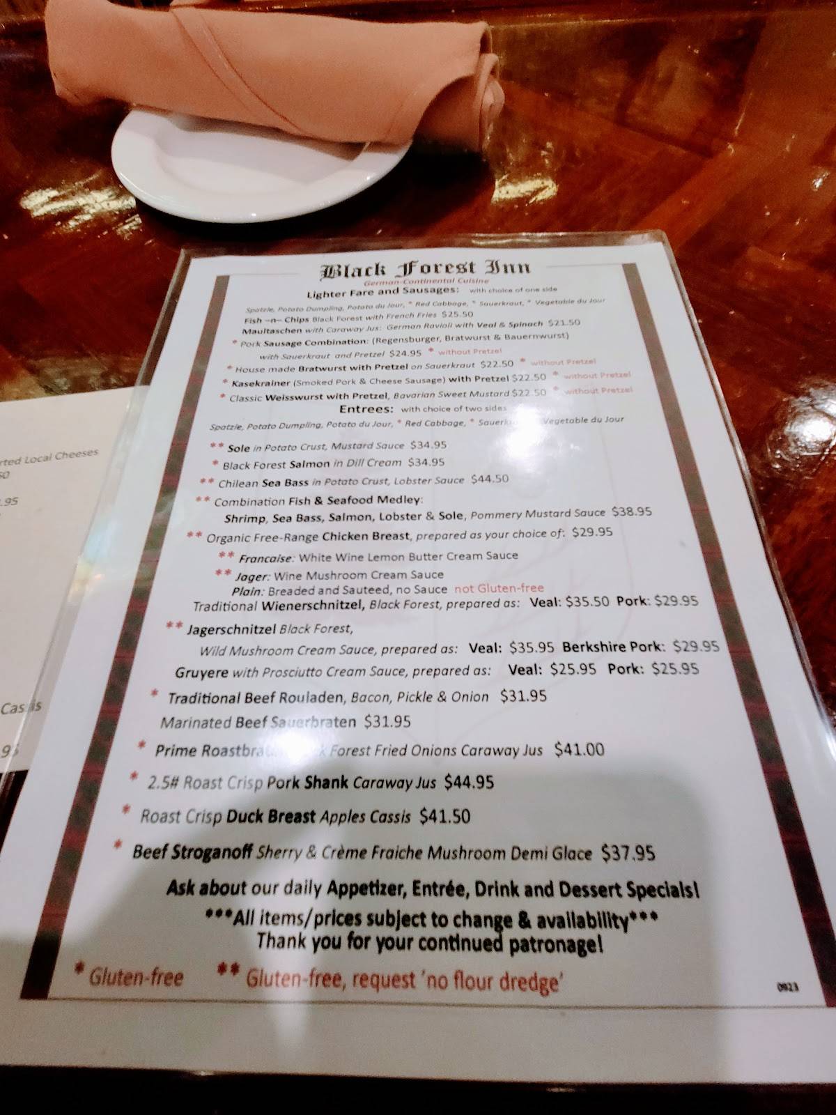 Menu at Black Forest Inn pub & bar, Stanhope