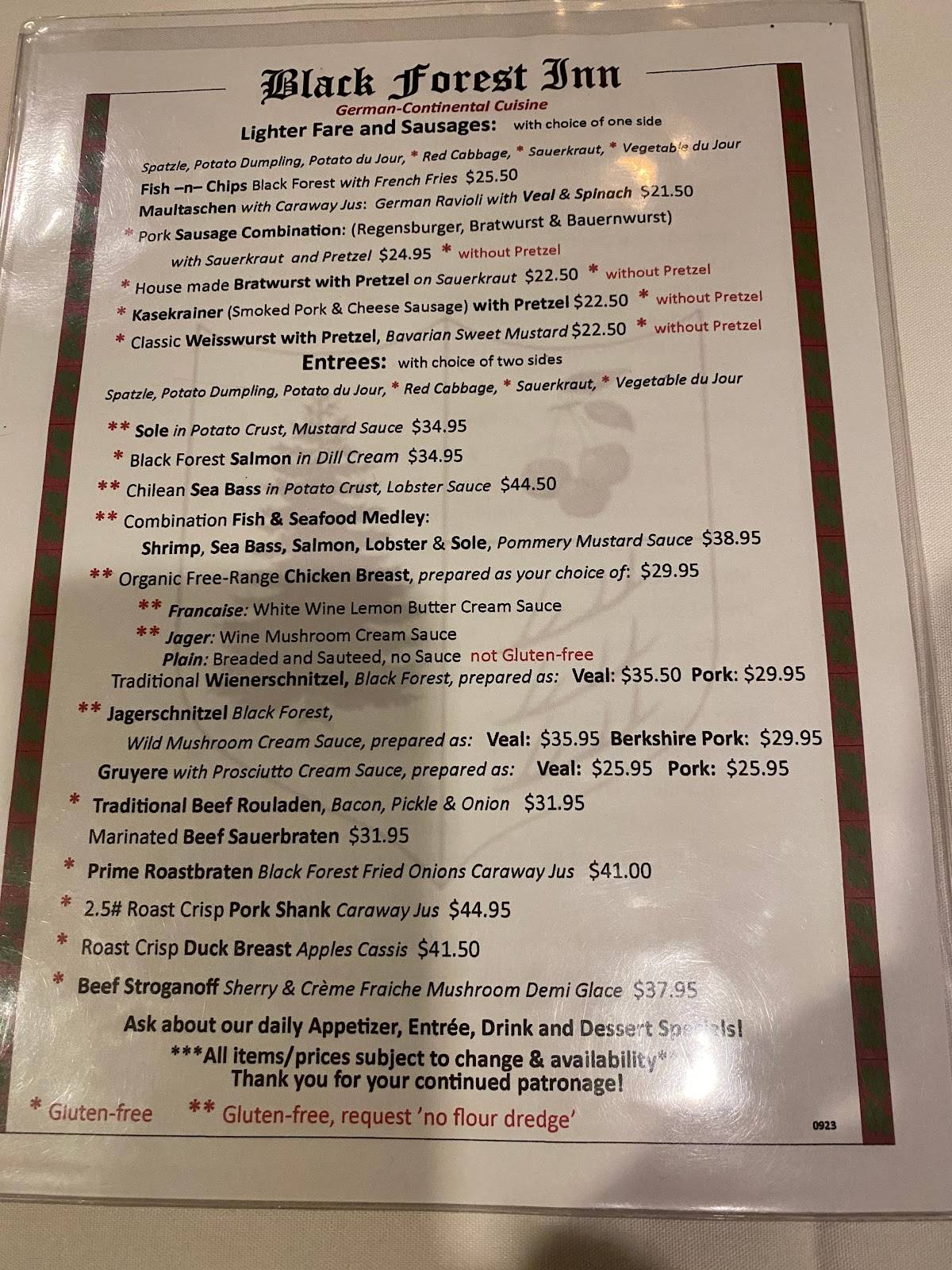 Menu at Black Forest Inn pub & bar, Stanhope