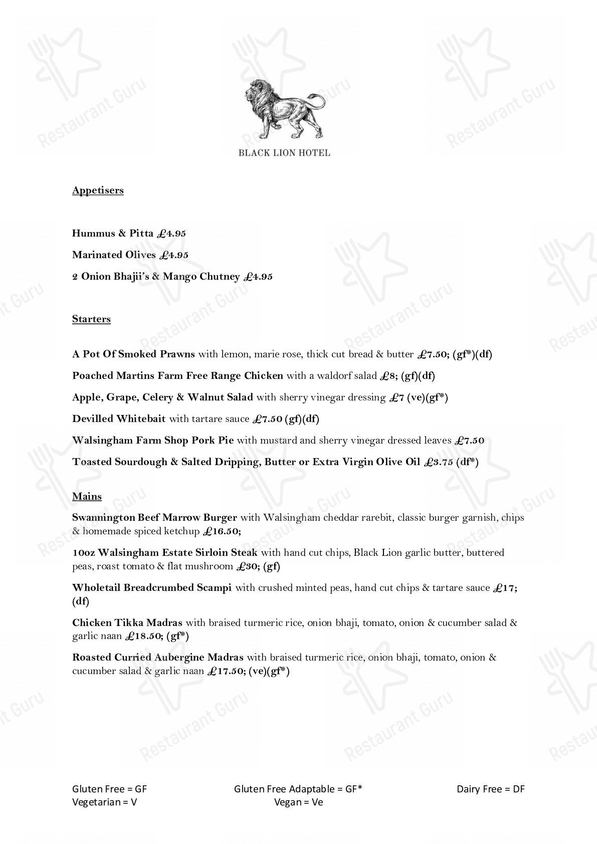 Menu at Black Lion Hotel pub & bar, Walsingham