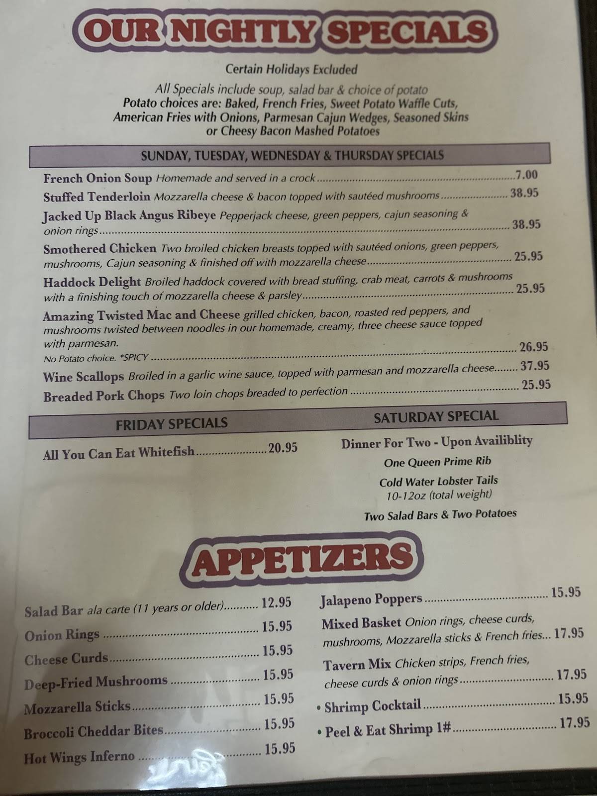 Menu at Black Otter Supper Club, Hortonville
