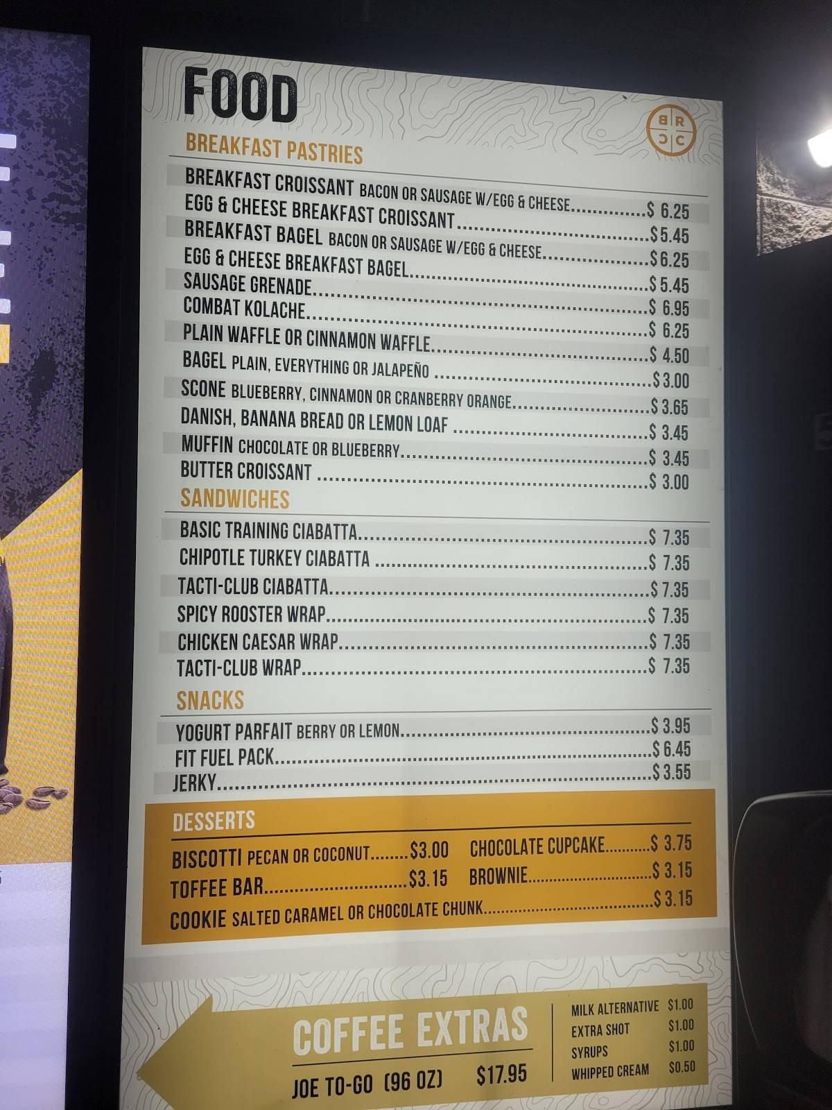 Menu at Black Rifle Coffee Company, Layton