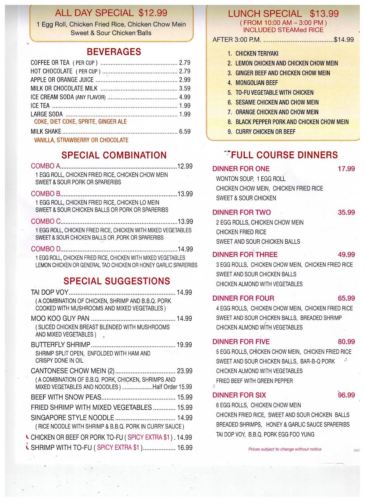 Menu at Black & White Chinese Restaurant, Fergus