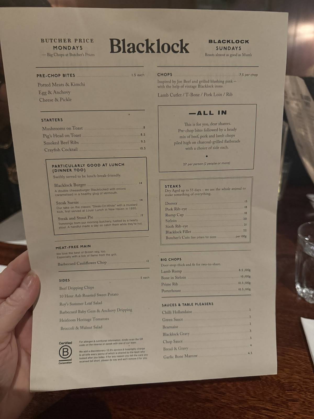 Menu at Blacklock Covent Garden steakhouse, London