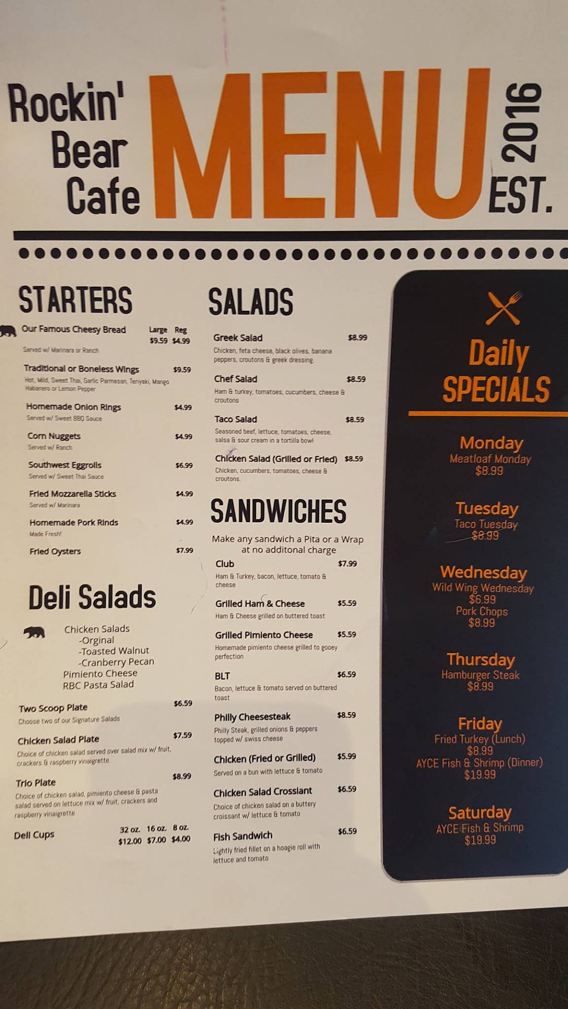 Menu at Rockin Bear Cafe, Blackshear