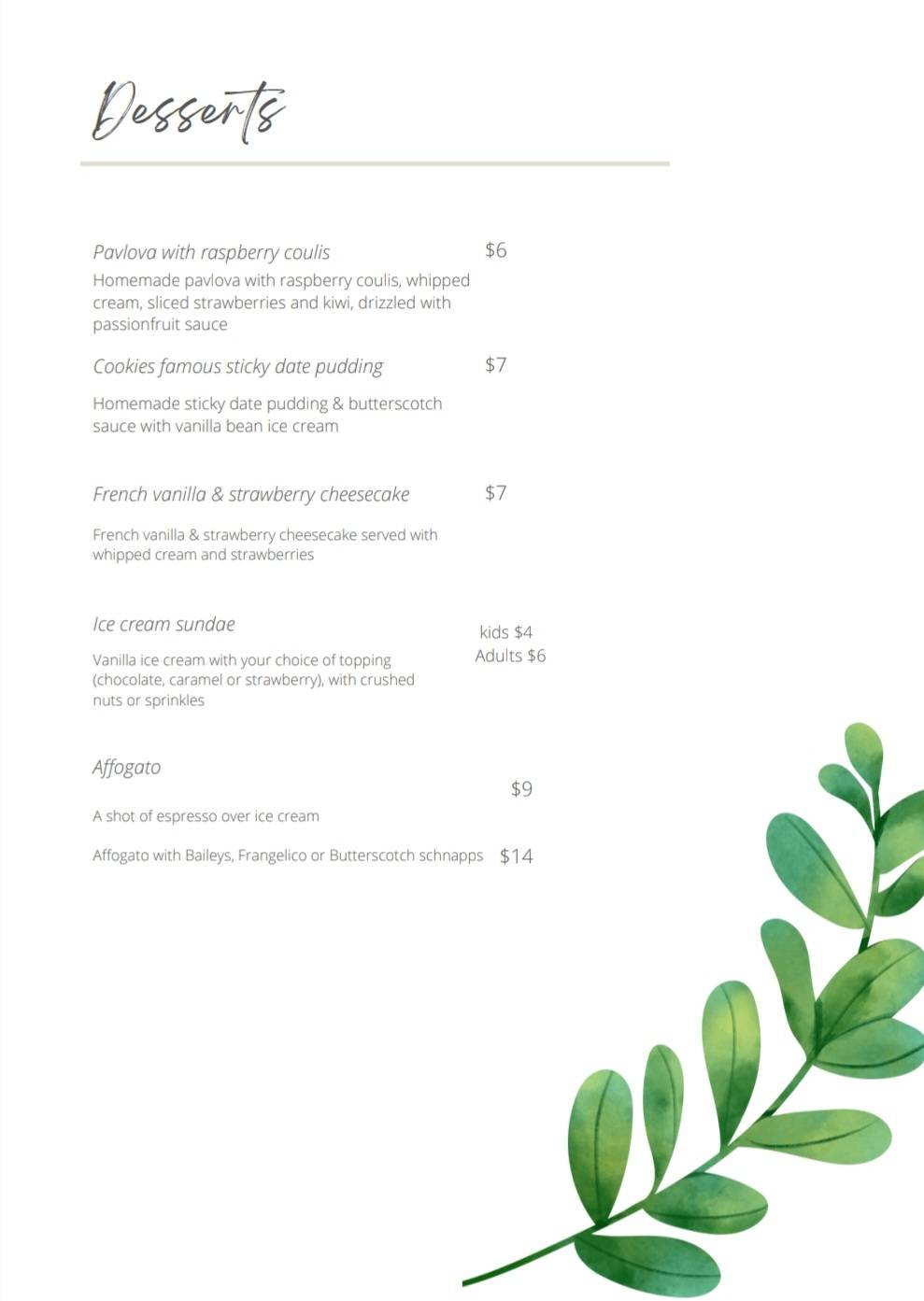 Menu at The Blacksmith's Inn restaurant, One Tree Hill