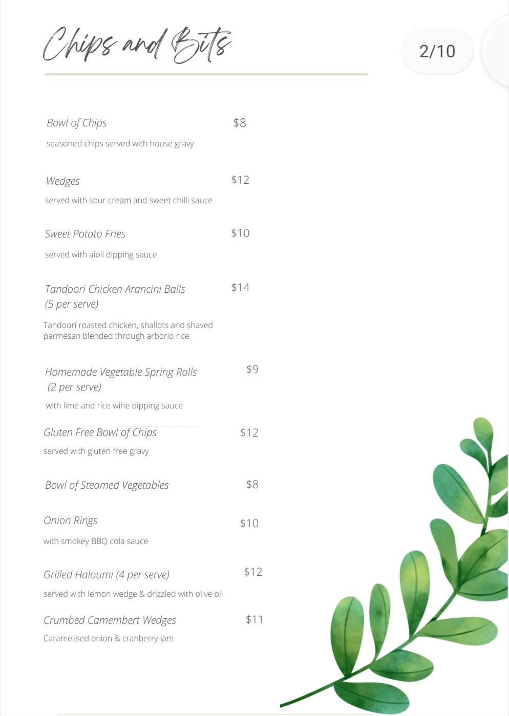Menu at The Blacksmith's Inn restaurant, One Tree Hill