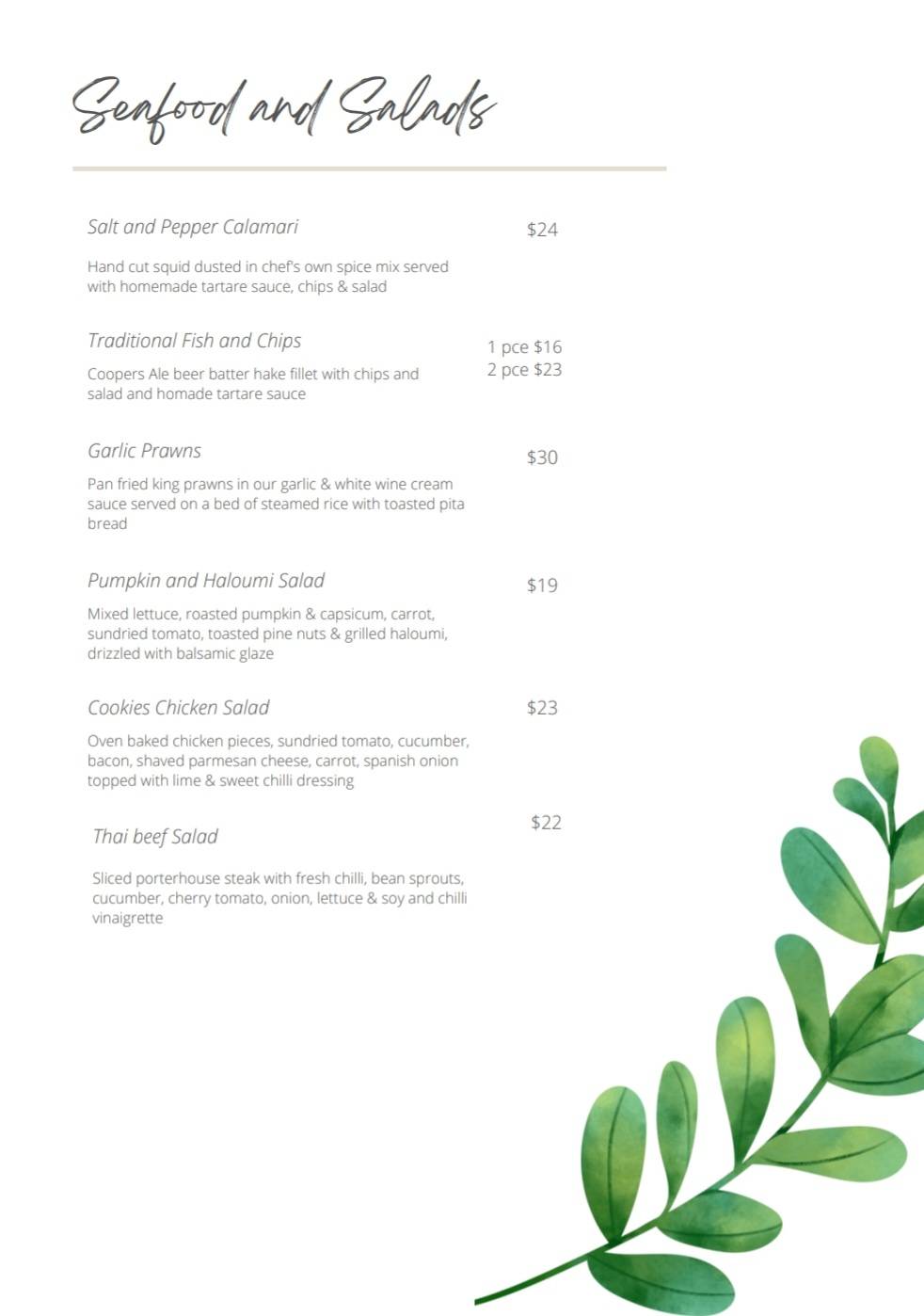 Menu at The Blacksmith's Inn restaurant, One Tree Hill