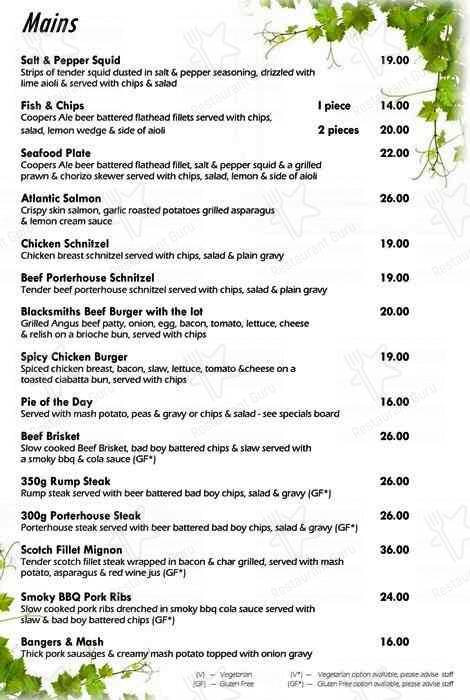 Menu at The Blacksmith's Inn restaurant, One Tree Hill