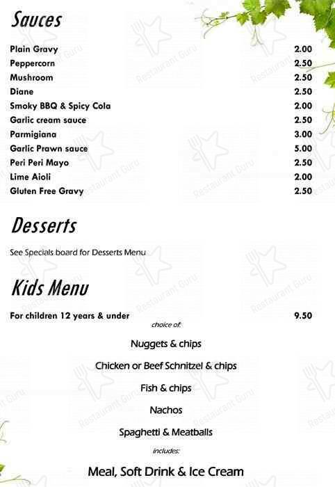 Menu at The Blacksmith's Inn restaurant, One Tree Hill