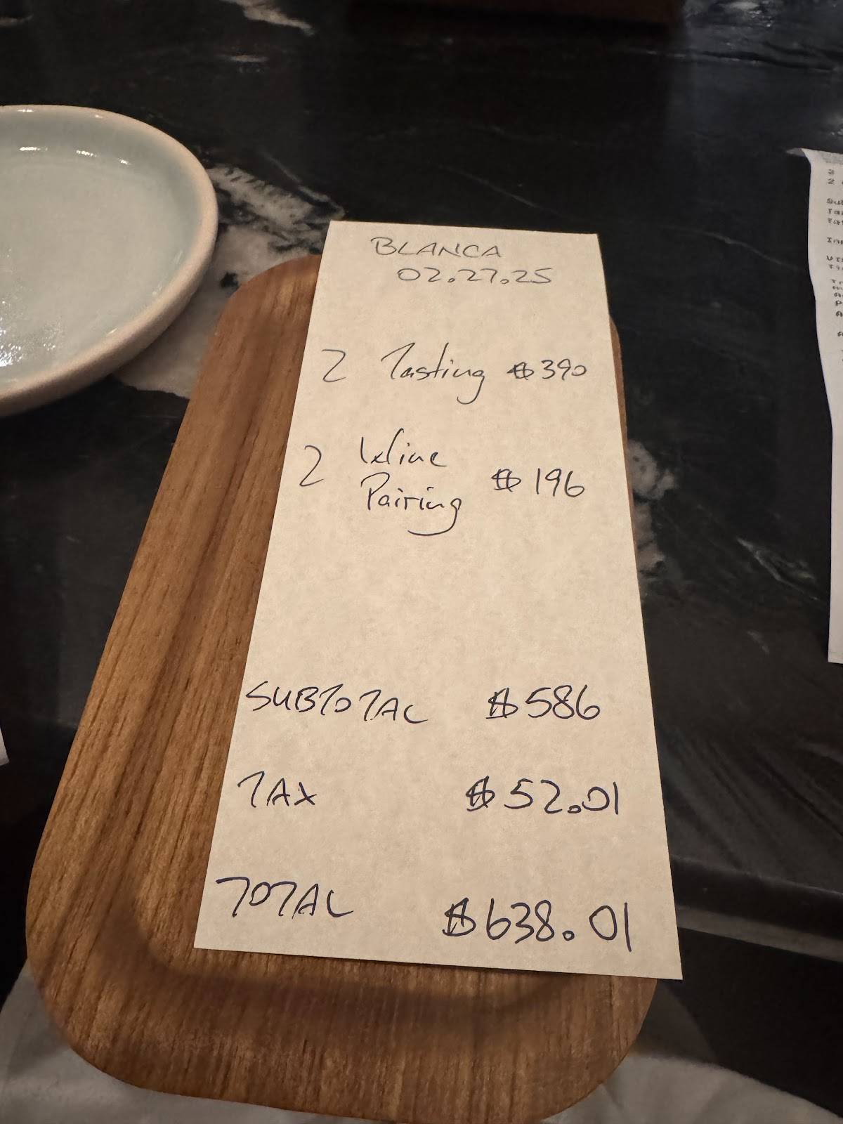 Menu at Blanca restaurant, New York City, 261 Moore St