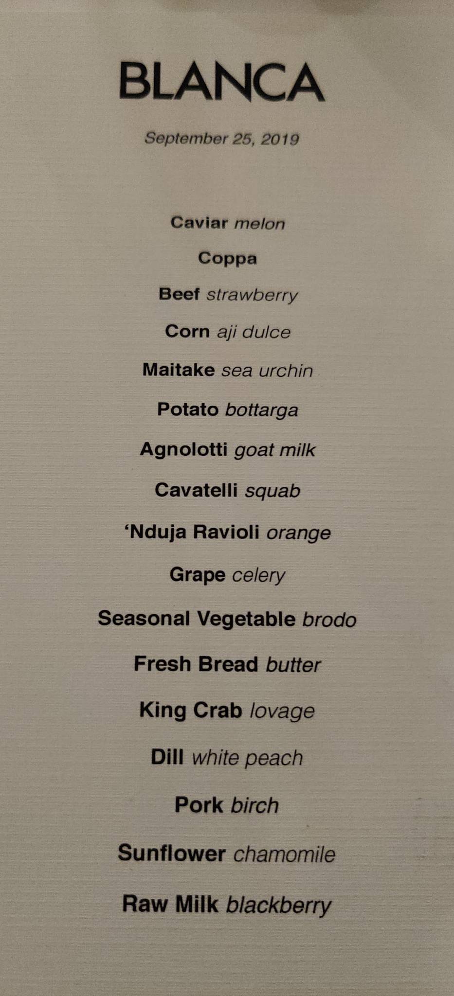 Menu at Blanca restaurant, New York City, 261 Moore St