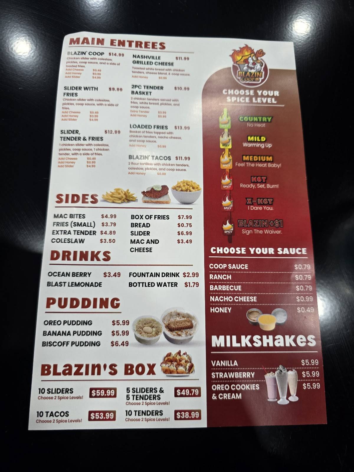 Menu at Blazin Coop's Nashville Hot Chicken restaurant, Canton