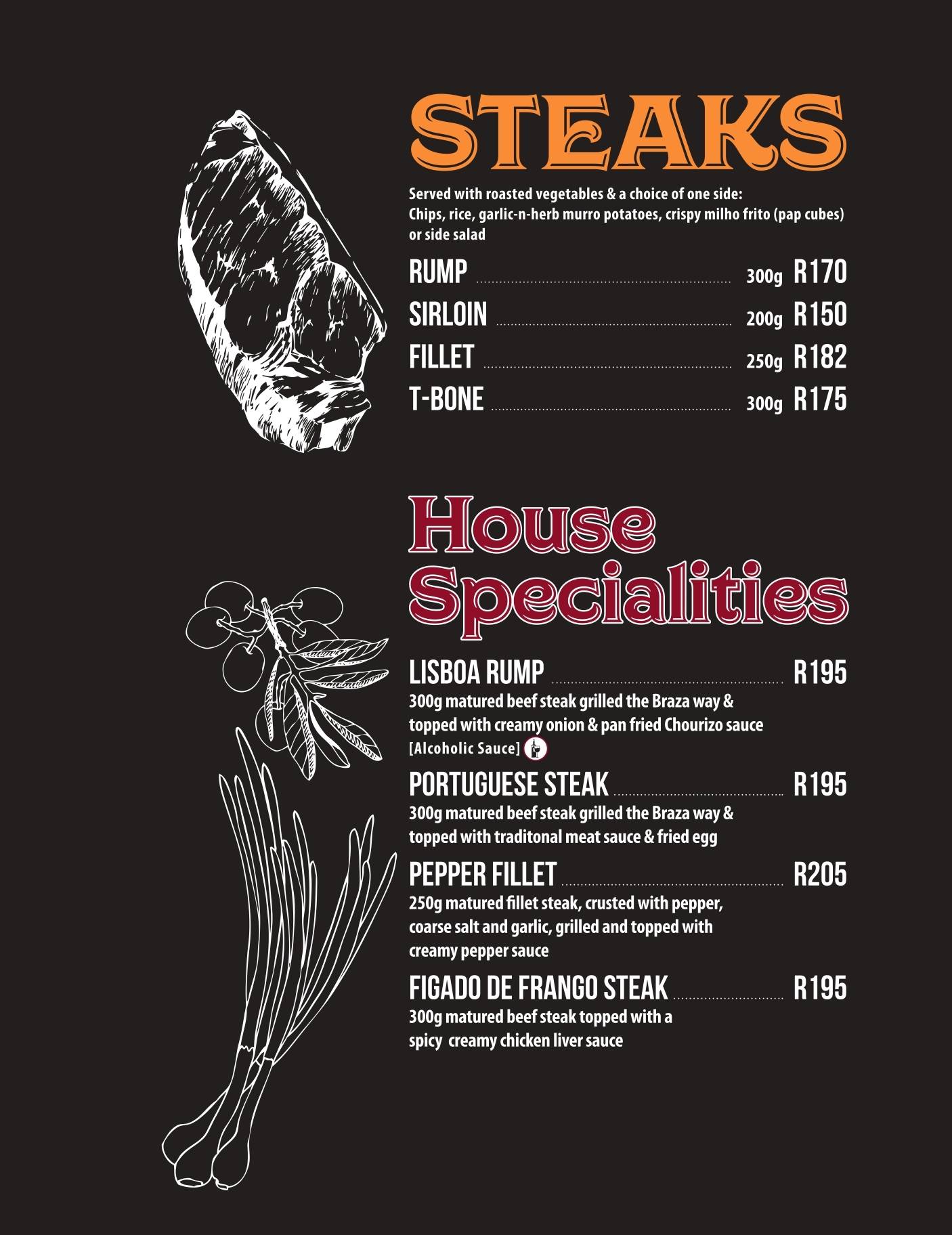 Menu at Braza restaurant, Bloemfontein, Loch Logan