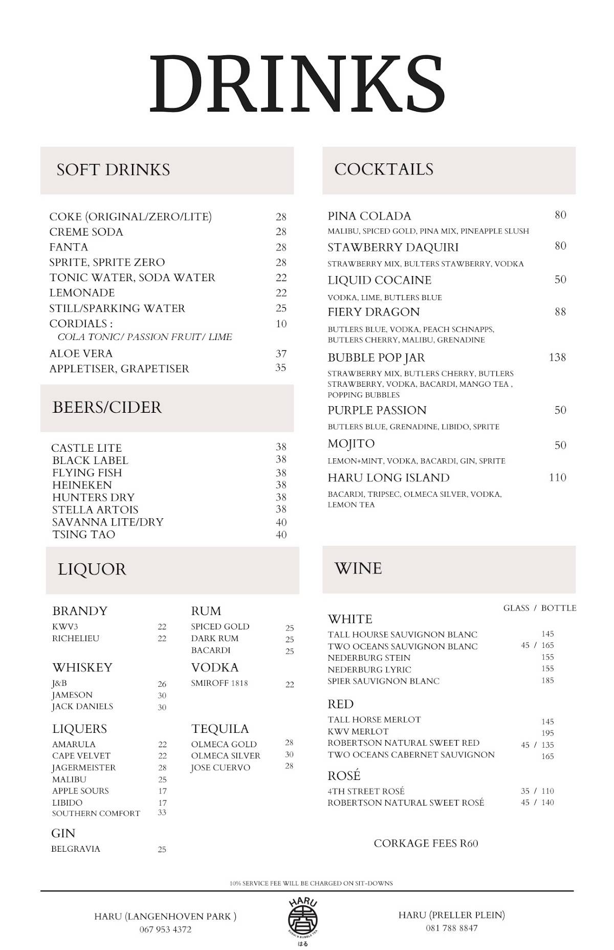 Menu at HARU Sushi & Bubble Tea Preller restaurant, Bloemfontein