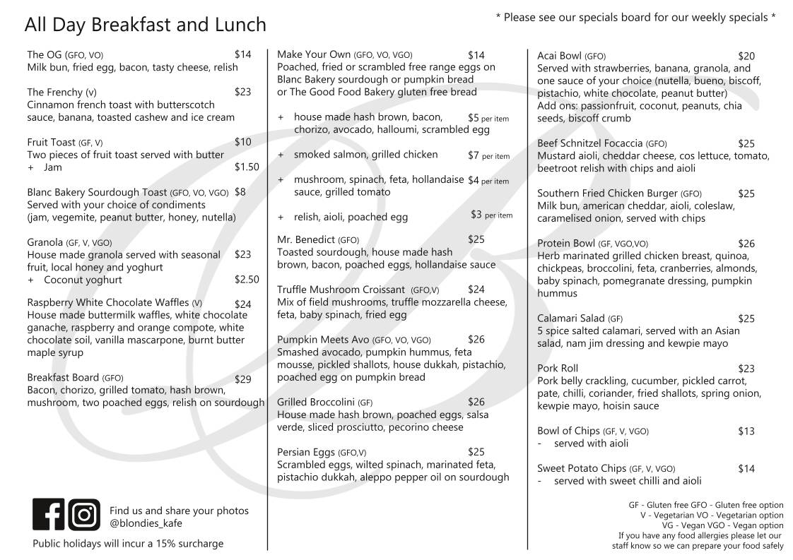 Menu at Blondie's Kafe cafe, Officer