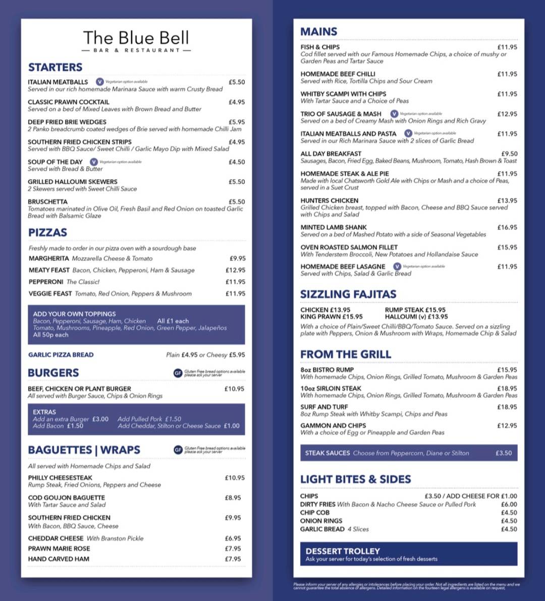 Menu at Blue Bell Inn pub & bar, Chesterfield, Station Rd